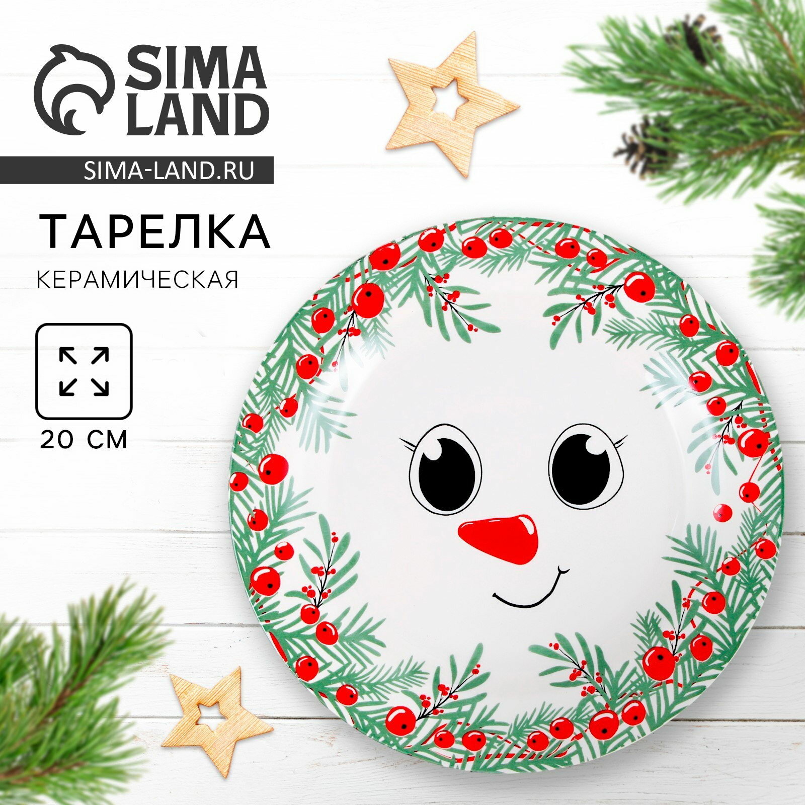 Тарелка плоская новогодняя "Снеговик Крош", d=20 см, цвет: зелёный