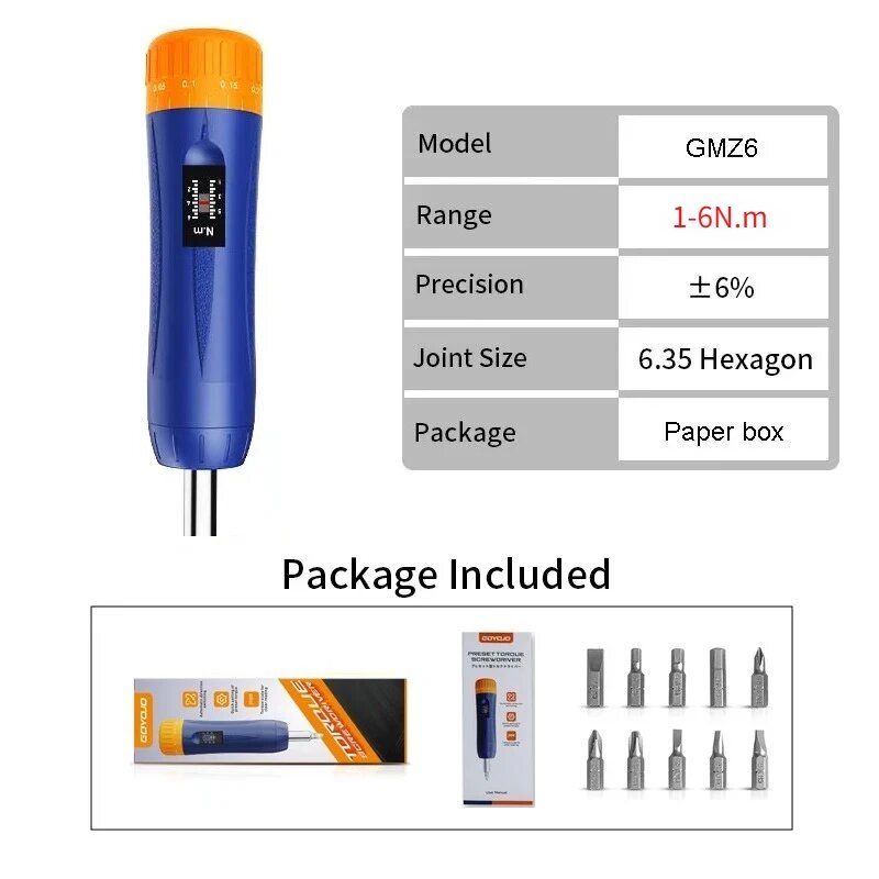 GOYOJO Динамометрическая отвертка 1/4", 10-60 фунт/фунт 1-6N. m