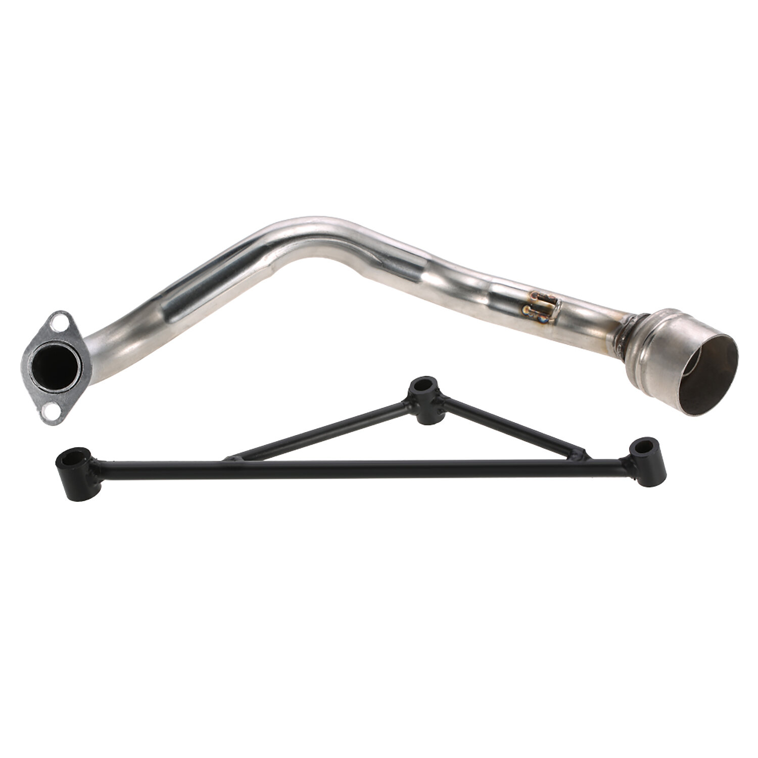 Выпускной трубы глушитель заголовок с кронштейном для двигателя GY6 125CC, цвет серебристый черный, материал нержавеющая сталь железо, размер упаковки 40*11*11см, вес упаковки 990г, в комплект входят 1 заголовочная труба 1 кронштейн 1 набор винтов и