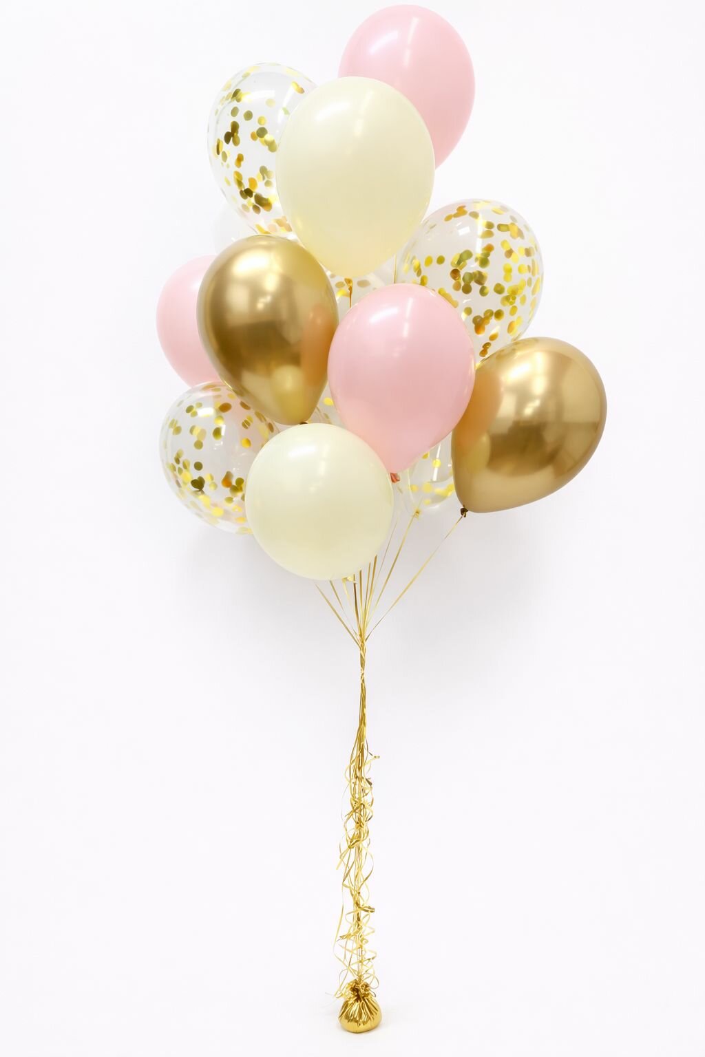 Воздушные гелиевые шары, надутые в фонтан из латексных и прозрачных шаров с конфетти "Розовое золото", 12 шт