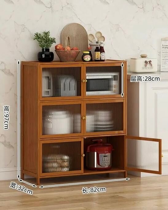 Бамбуковый буфет 3 полки с акриловыми дверцами 82×32×97 см — шкаф для кухни, столовой, хранения посуды и техники