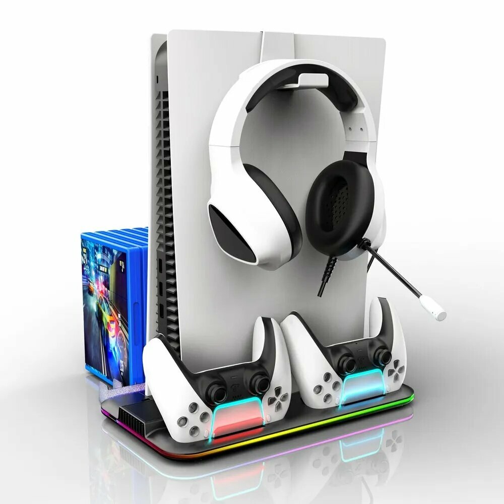 Стенд подставка для Sony PlayStation 5 Slim/Pro/Fat c охлаждением и подсветкой PS5 Slim и докстанцией и хранение дисков, черный