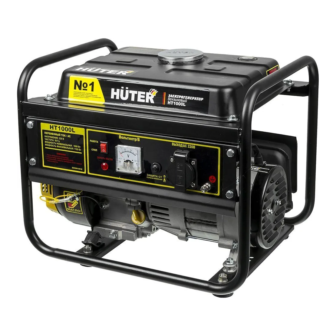 Генератор бензиновый Huter HT1000L, 2.4 л. с, 1100 Вт, бак 6 л, 0.375 л/ч, черный/желтый