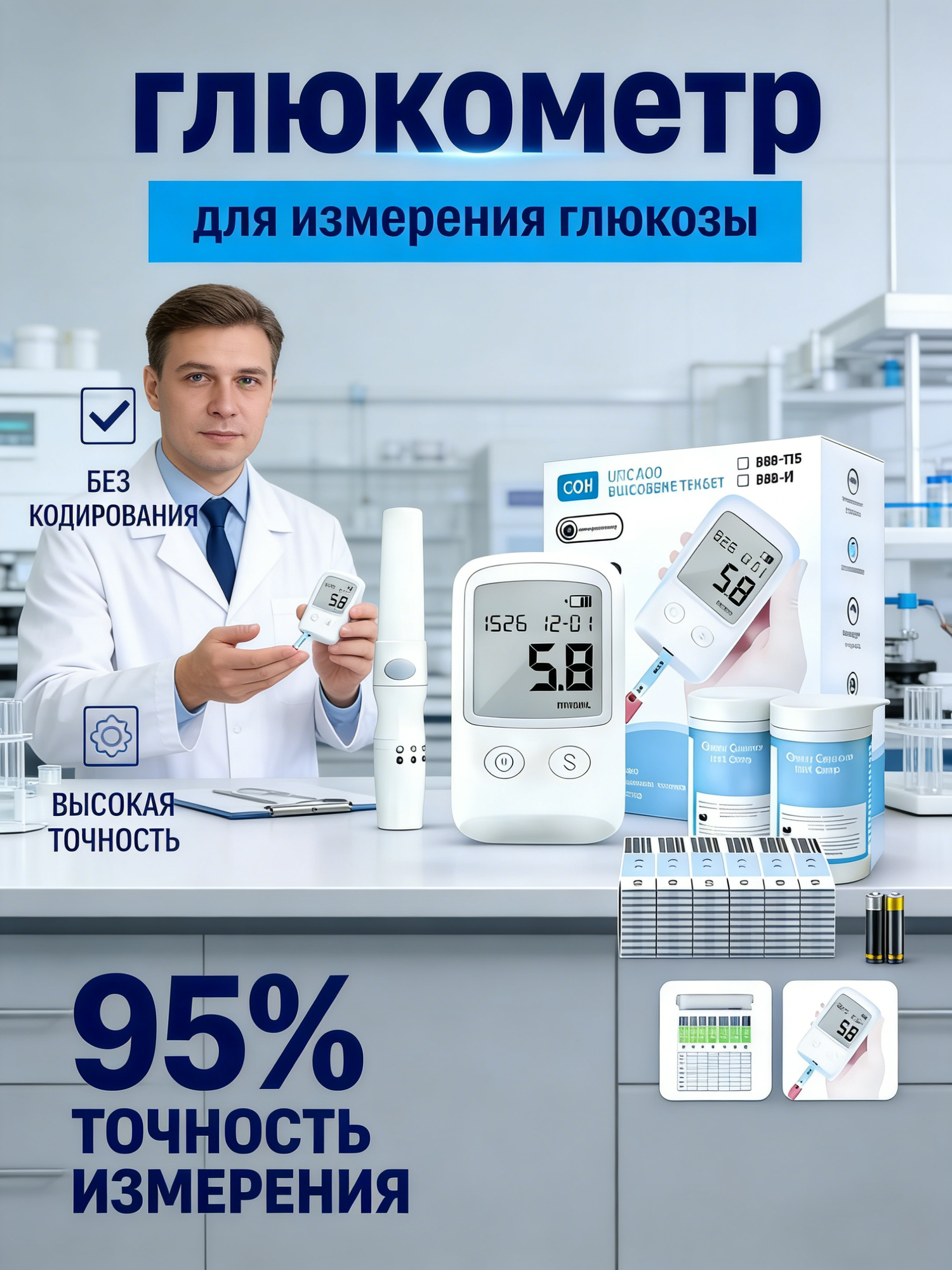 Глюкометр + 50 тест-полосок + ланцетов в наборе, измеритель сахара в крови, мониторинг глюкозы при сахарном диабете