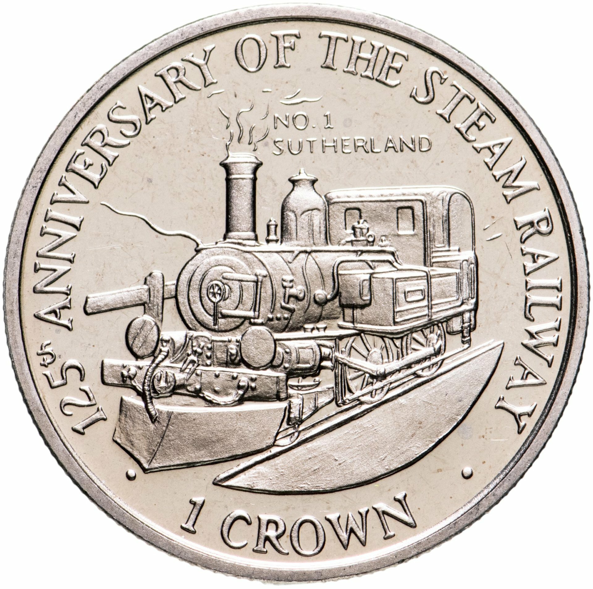 Остров Мэн 1 крона crown 1998 "125 лет паровой железной дороге - паровоз No 1 Сазерленд", Мельхиор медь-никель, в сохранности UNC