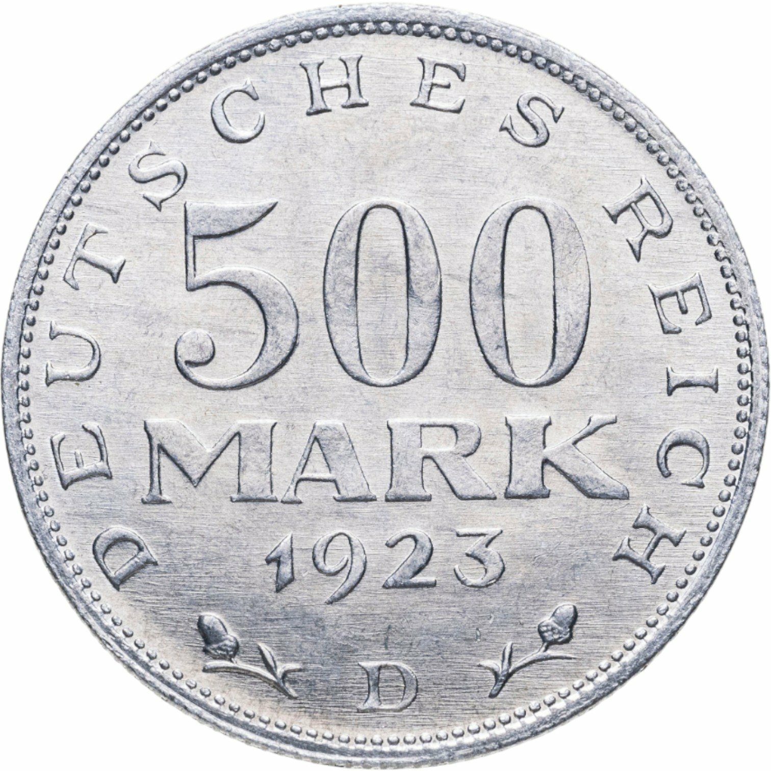 Германия 500 марок mark 1923, знак монетного двора "D", Алюминий, в сохранности UNC