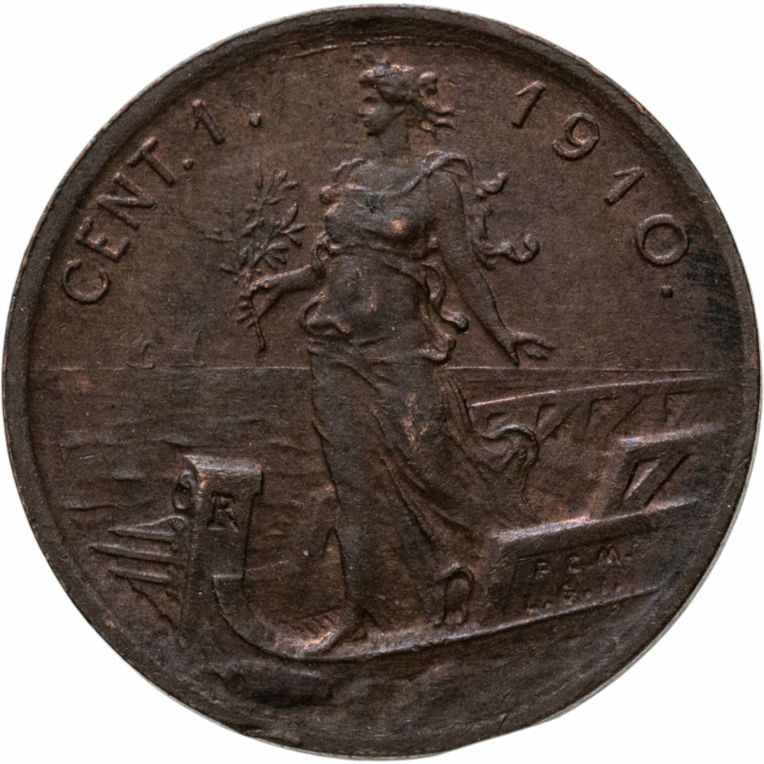Италия 1 чентезимо centesimo 1910, Бронза, в сохранности AU