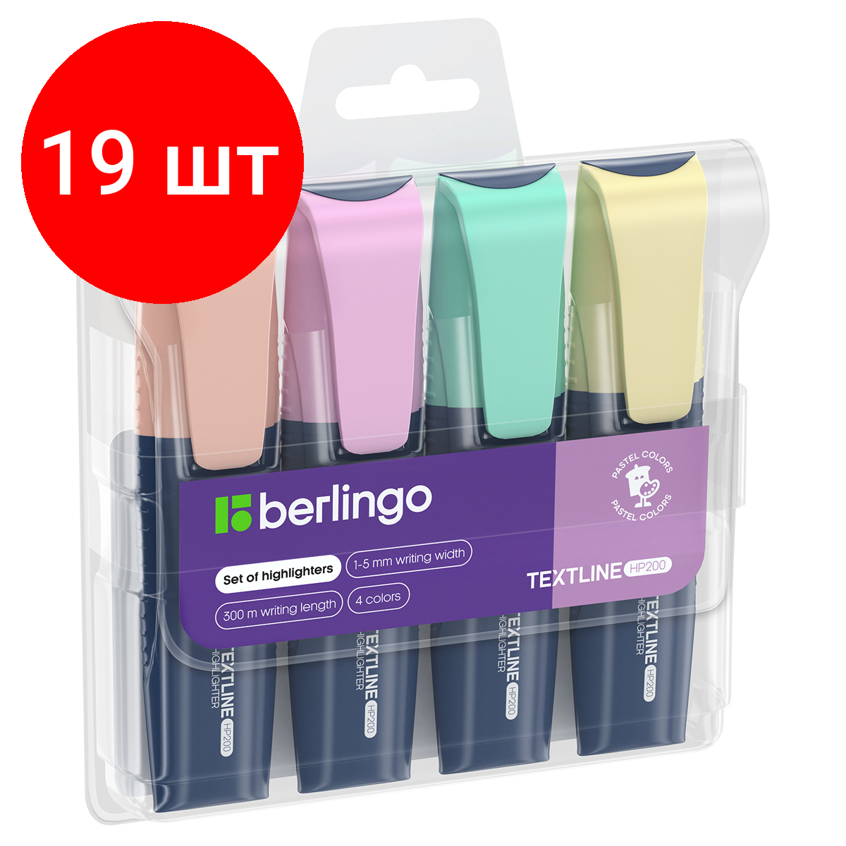Комплект 19 шт, Набор текстовыделителей Berlingo "Textline HP200" 04цв, пастельные цвета, 1-5мм, европодвес