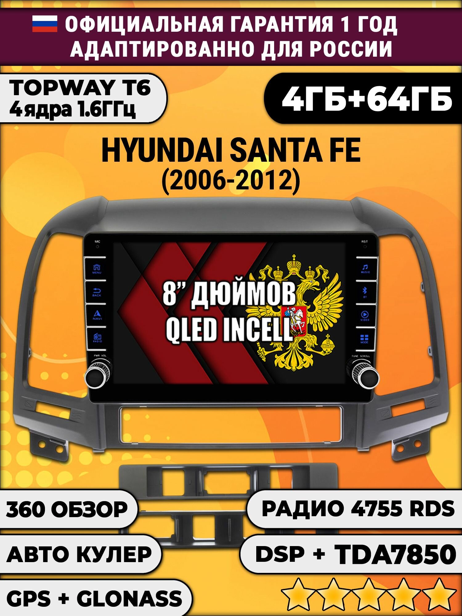 4гб+64гб с DSP и 360 для HYUNDAI SANTA FE (2006-2012), Android магнитола с DSP и усилителем TDA7850