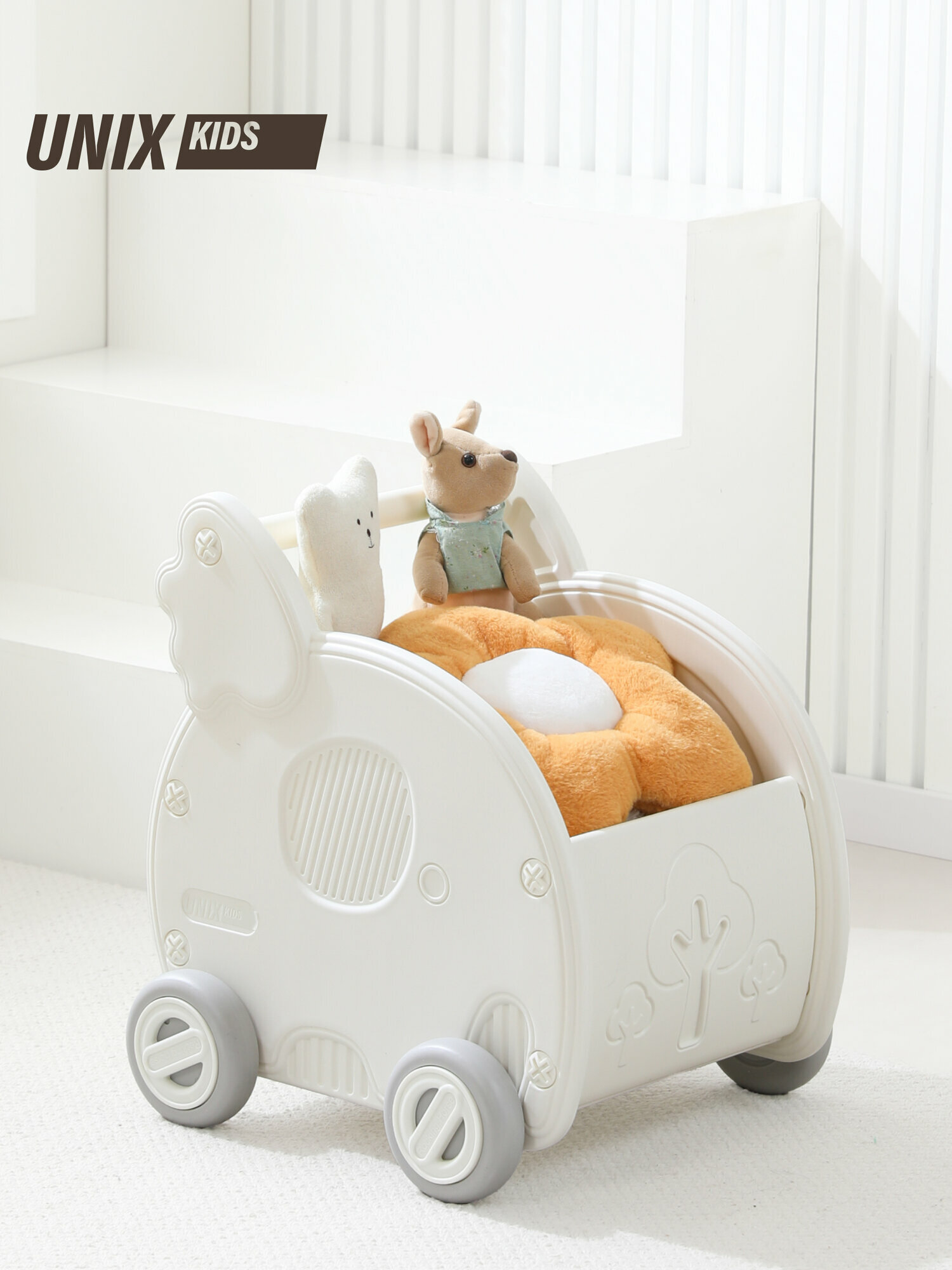 Тележка UNIX Kids Elephant White игрушечная коляска для кукол и игрушек для малышей, пластиковая