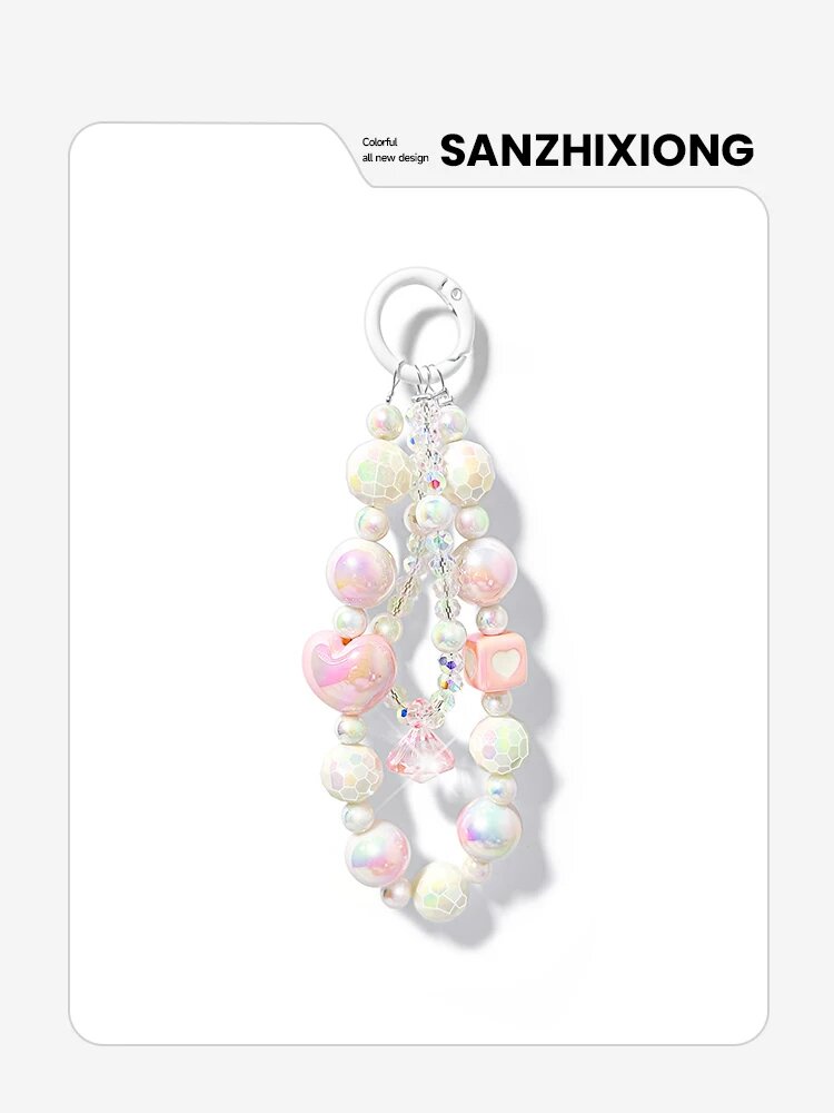 Сердце из бусин на брелок для ключей автомобиля, розовый бусинный брелок, милый и стильный аксессуар с подвеской