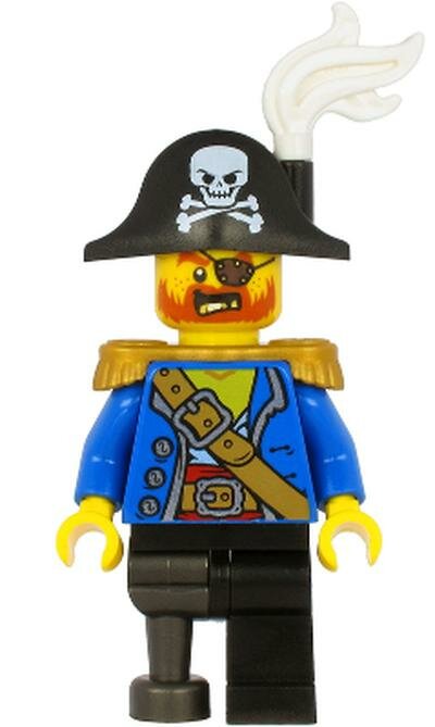 Минифигурка Lego pi185 Pirate Captain - Bicorne Hat with Skull and White Plume, Pearl Gold Epaulettes, Blue Open Coat, Black Leg and Pearl Dark Gray Peg Leg