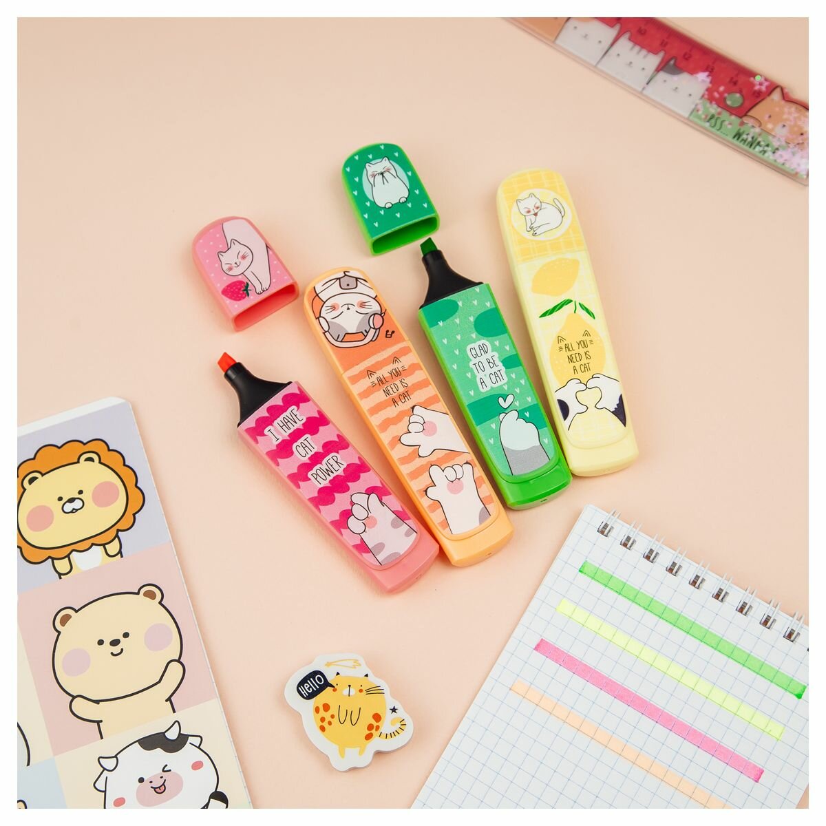 4 шт. Набор текстовыделителей MESHU "Cat s paw" 04цв, неоновые цвета, 1-5мм, ПВХ бокс с европодвесом