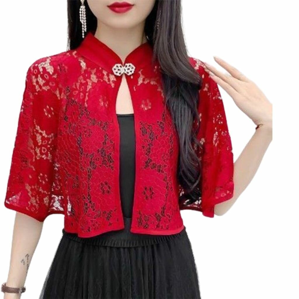 Ретро-плащ, кружевная маленькая куртка, топ, кардиган, шаль с серебряной пряжкой-Розово-красный