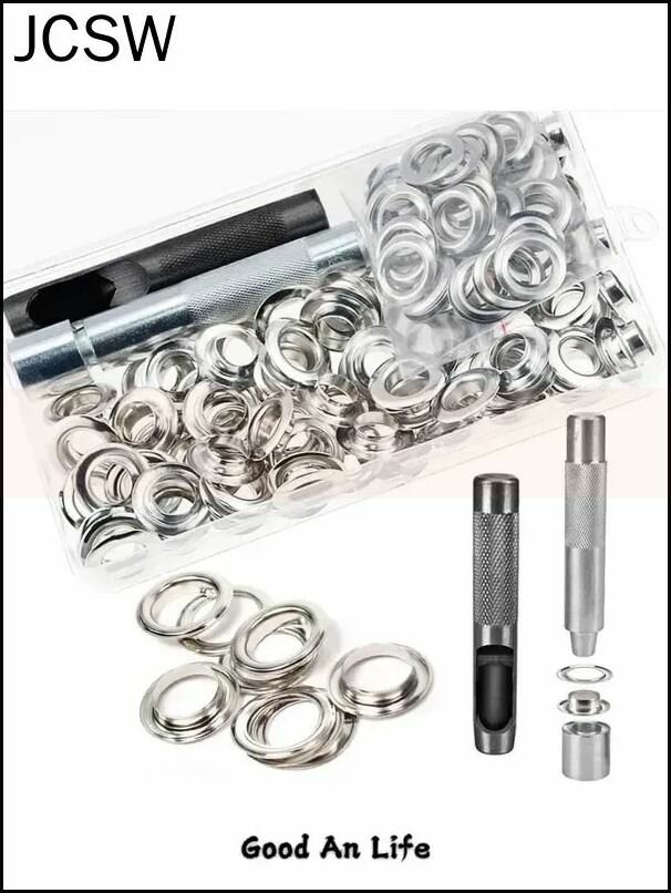 100 комплектов Люверсы, Серебристый, внутренний диаметр 10 мм. Железный материал, Используется для тканей, кожи, брезента, шторы