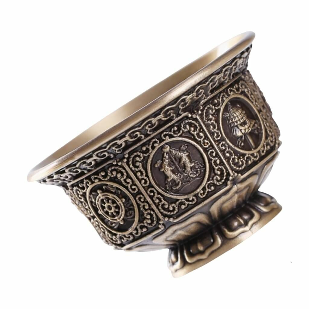 Тибетская ритуальная чаша с восемью благоприятными символами, - латунь с зеленой патиной