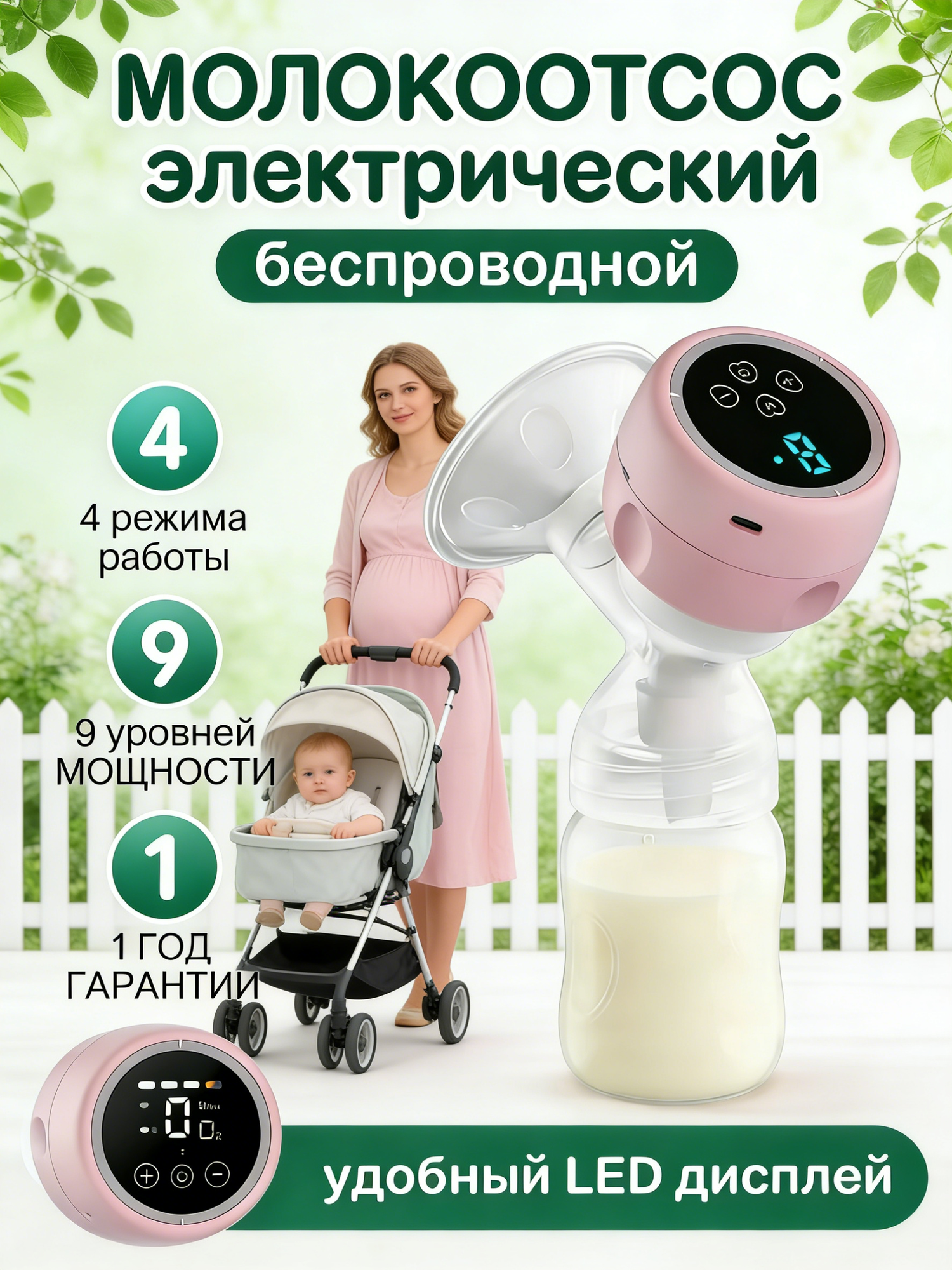 Молокоотсос электрический портативный для кормления малыша с бутылочкой и соской