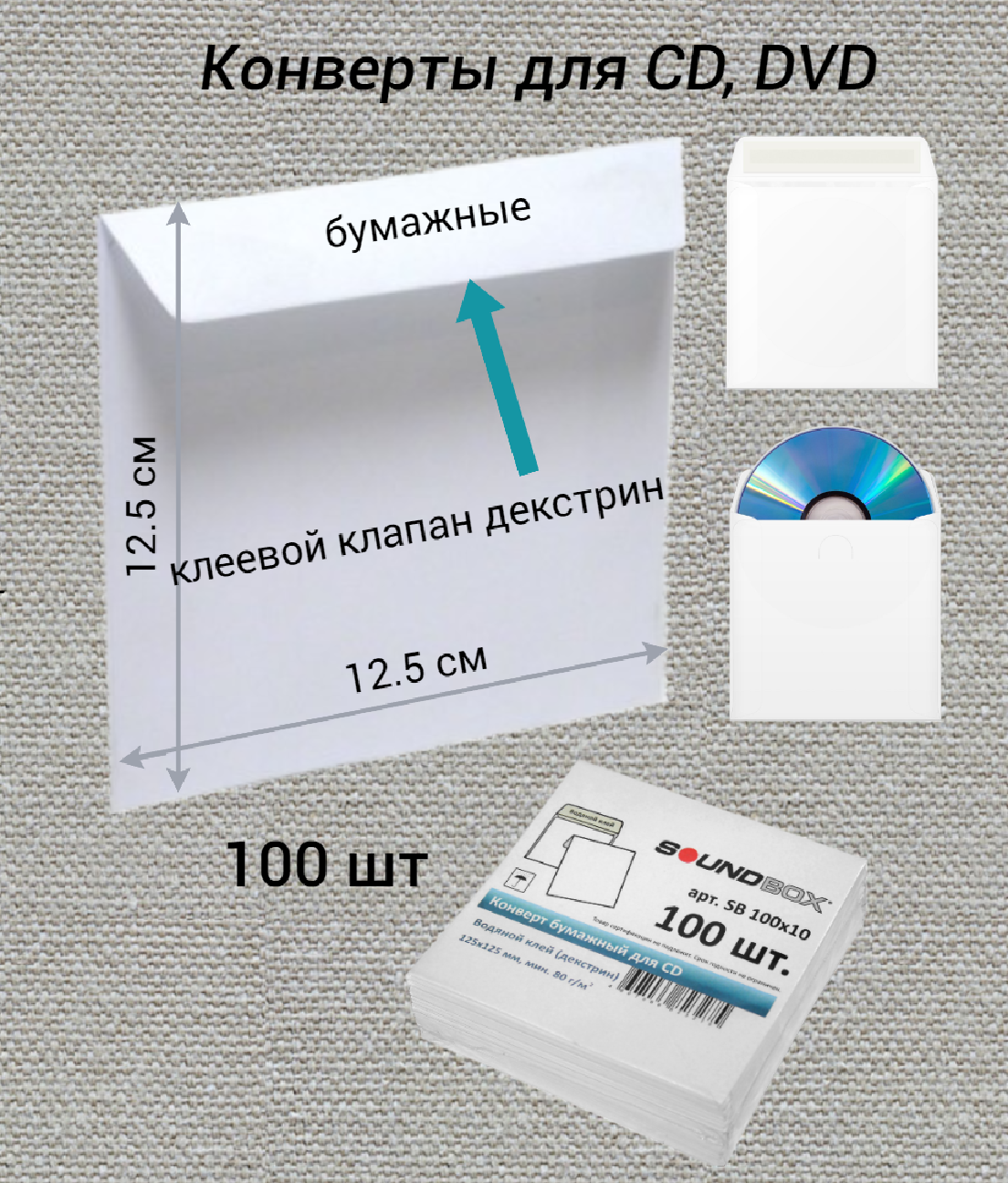 Конверты для СD/DVD дисков Soundbox белые, бумажные без окошка (упаковка 100 шт.) клей декстрин, 80 г/м2