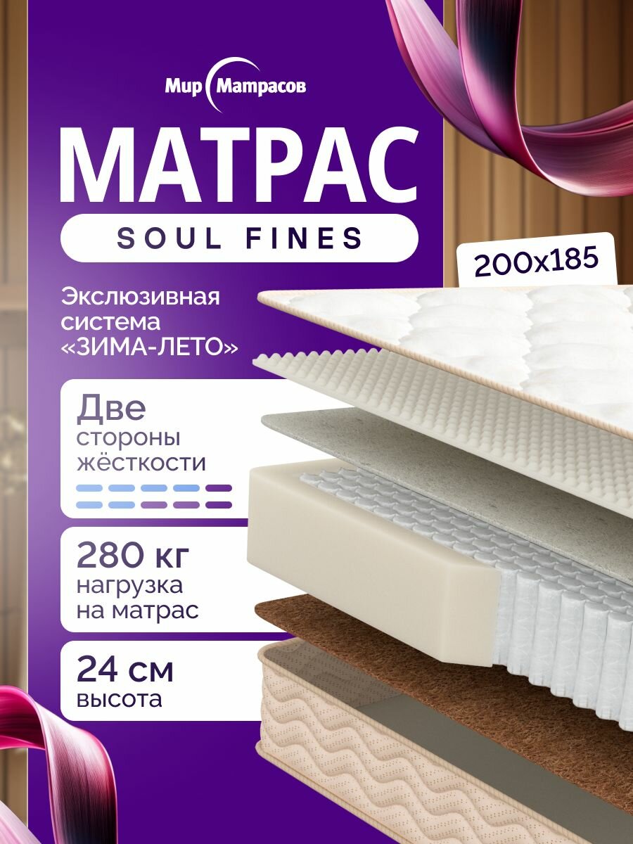 Анатомический матрас, Ортопедический матрас 200х186 см SOUL Fines, Зональный блок
