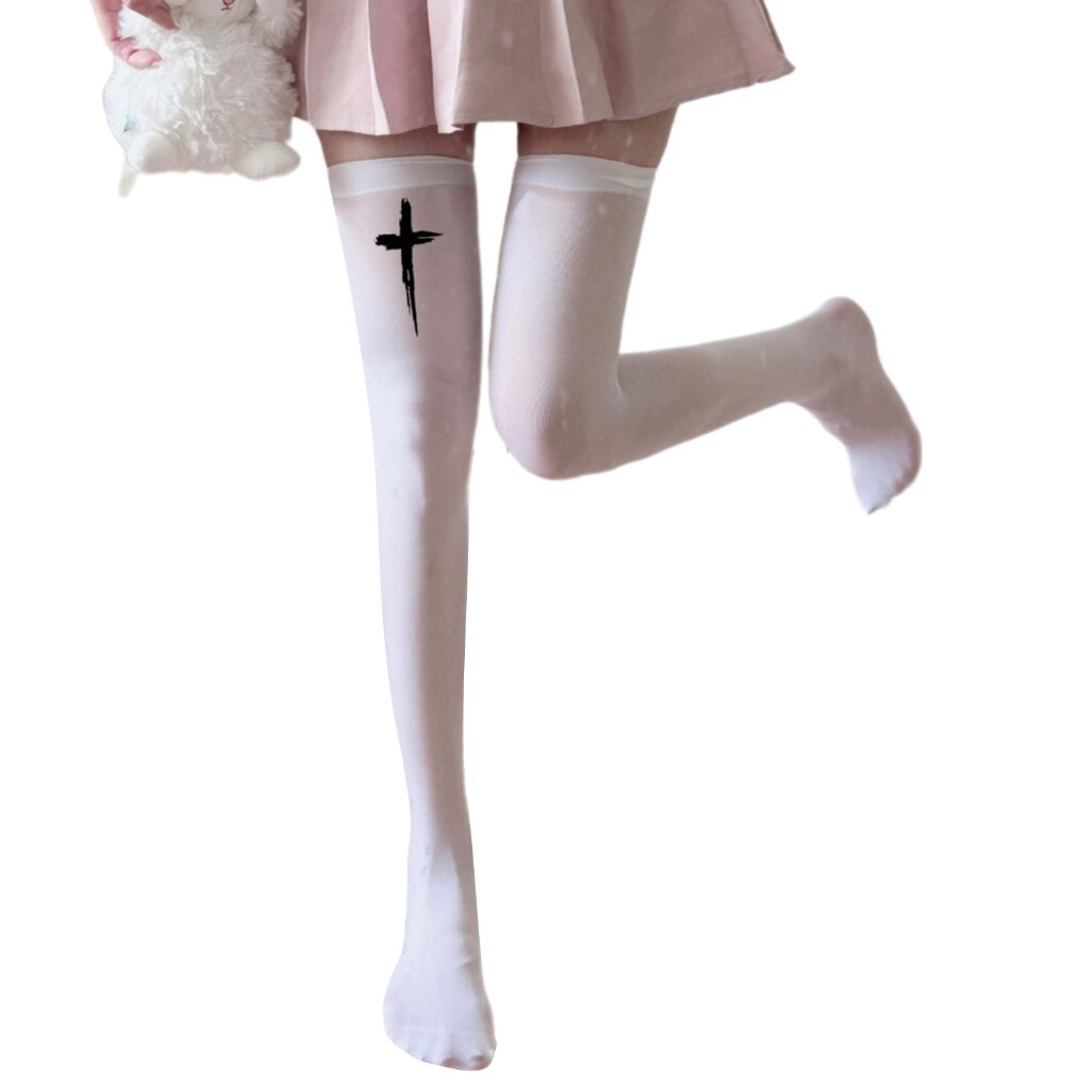 Женские шелковые чулки до бедра в японском стиле Harajuku Punk JK Girl Crosses с принтом аниме Косплей Выше колена Длинные носки Чулочно-носочные изделия