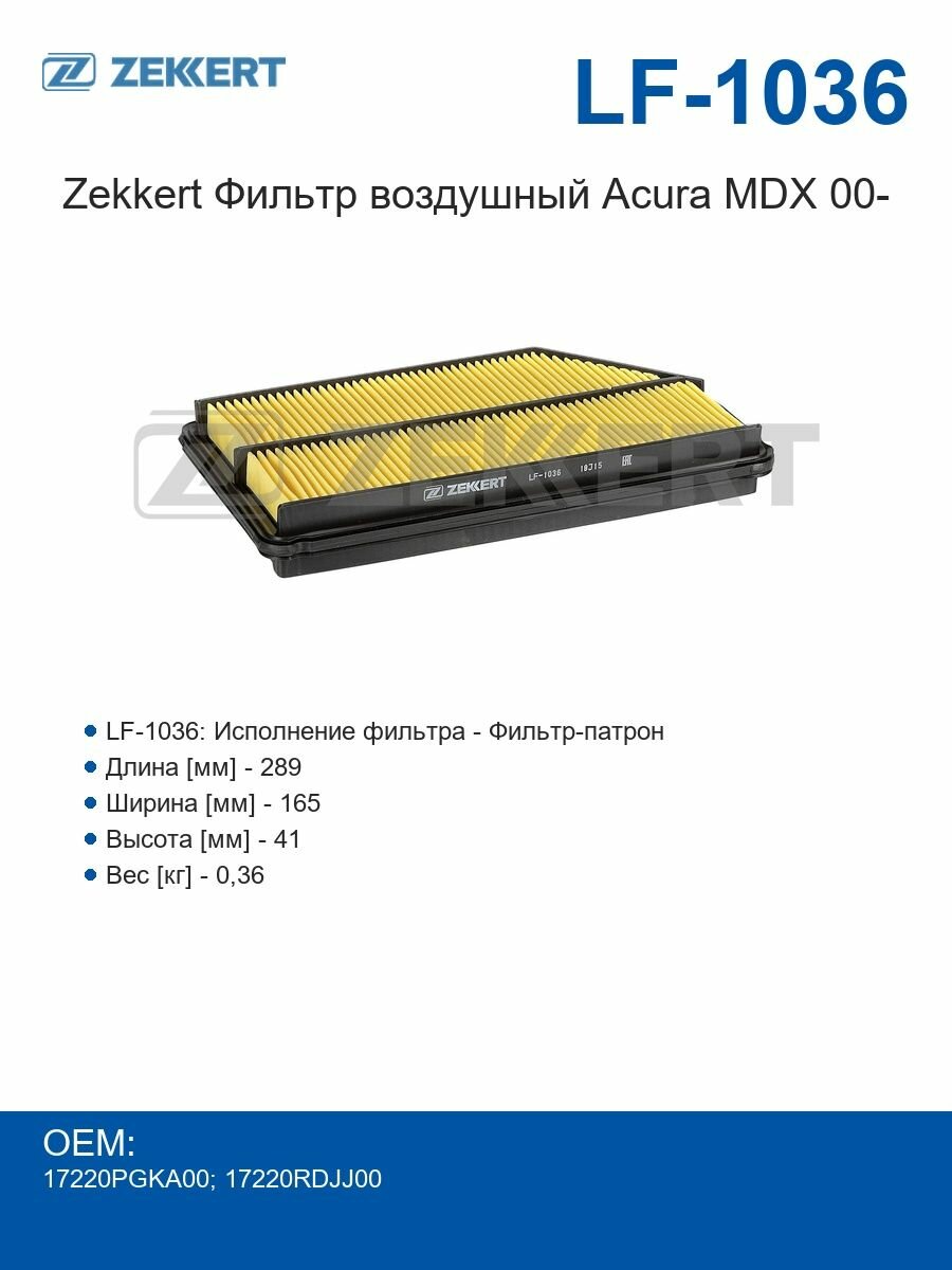 Zekkert Фильтр воздушный Acura MDX 00-