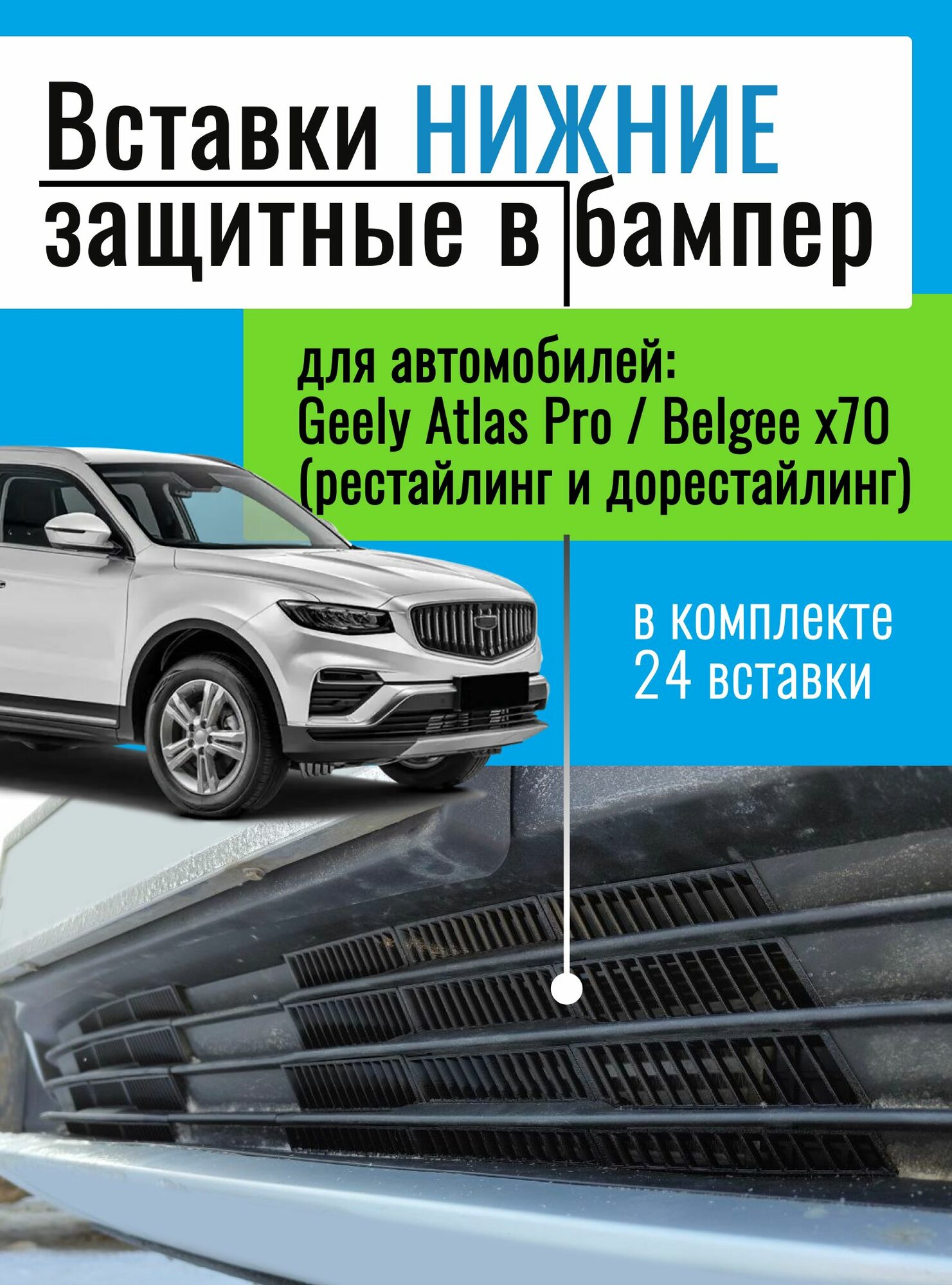 Вставки Belgee x70 / Geely Atlas Pro Нижние в бампер / защита радиатора