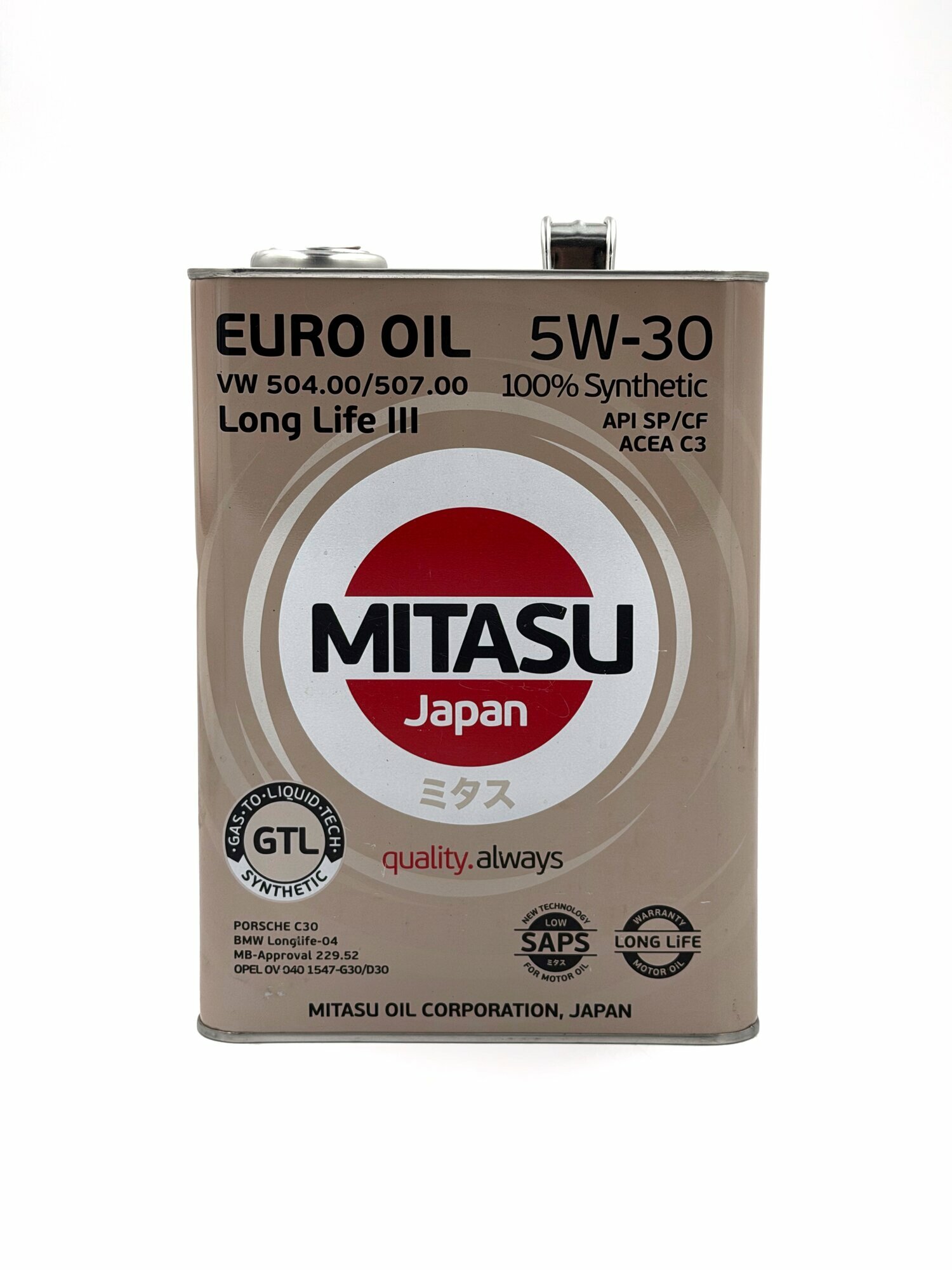 Масло моторное MITASU EURO PAO LL III OIL 5W-30, 4 литра, для авто