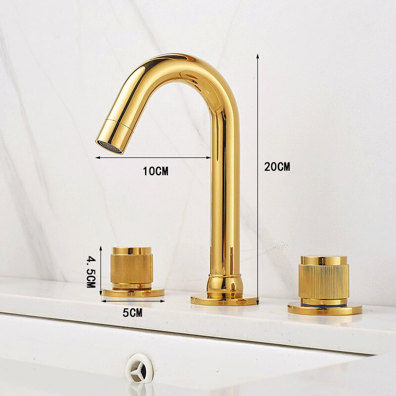 Европейский стиль золотой полностью медный вращающийся трехотверстный смеситель для раковины, трехкомпонентный набор, разделенный двойной ручкой, двойное управление горячей и холодной водой