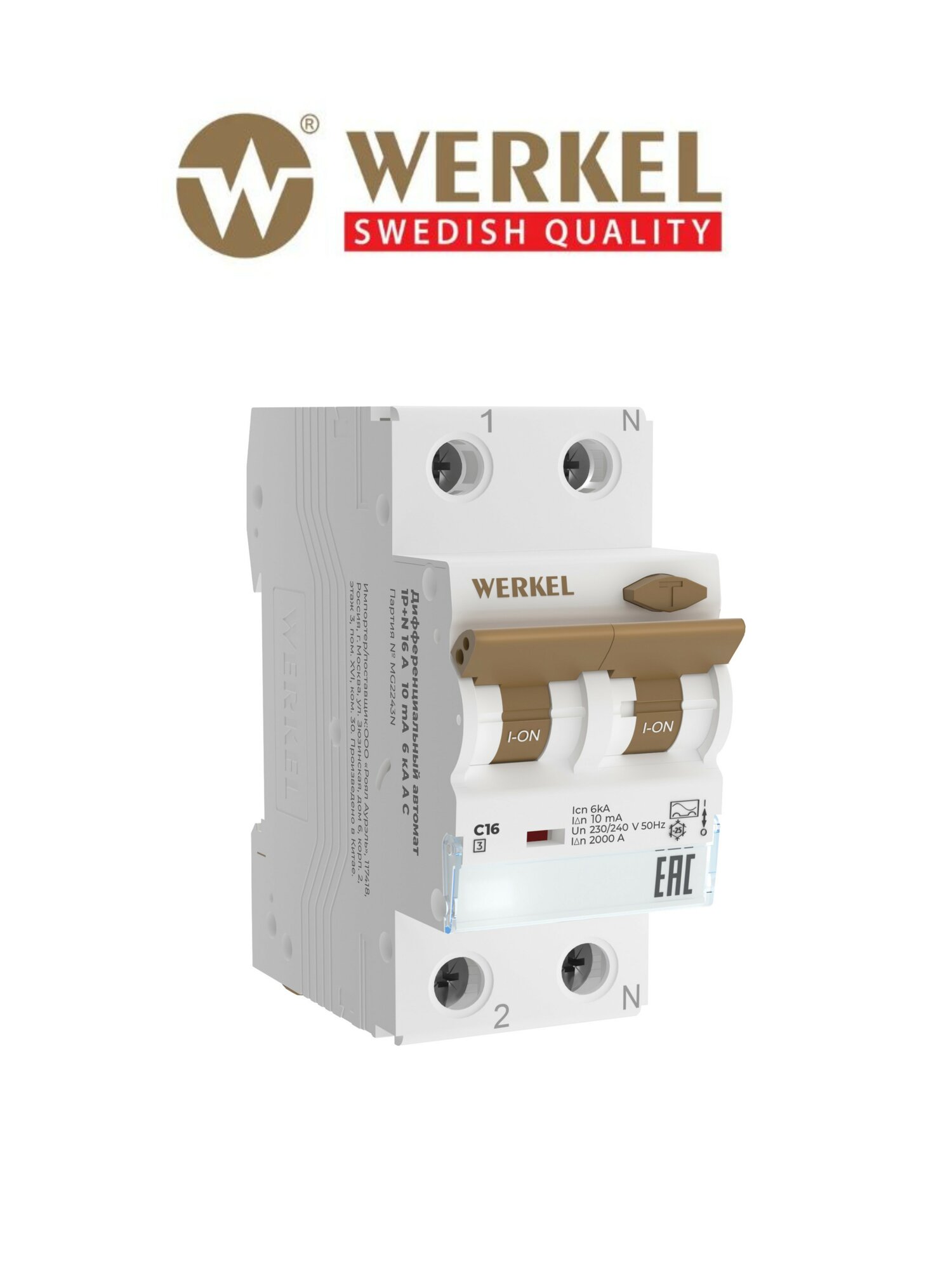 Дифференциальный автомат 1P+N WERKEL W922P324, 16 A, 10 mА, 6 kА, C A