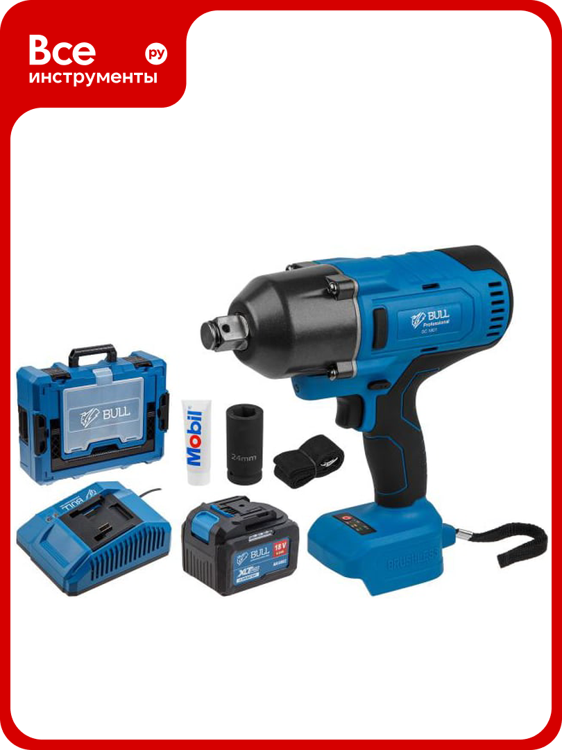 Аккумуляторный ударный гайковерт BULL SC 1801 Xcase XLTpro бесщет, 18 В, 1000 Н*м, 3/4, 1x6 А*ч, з/у 4 А 1329885