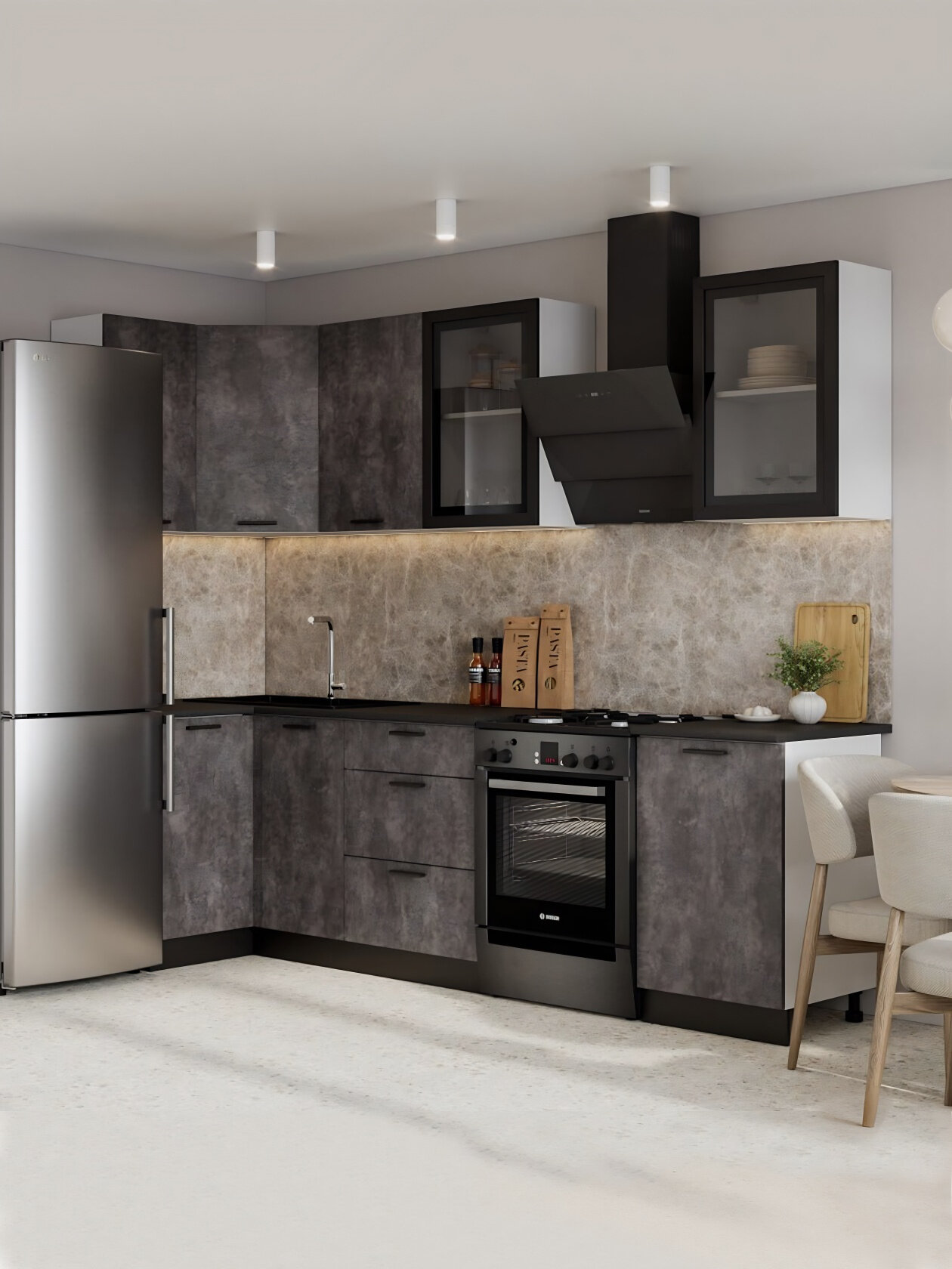 Кухонный гарнитур угловой Урбан 2.1х1 м, мебель для дома и кухни, Белый / Камень темный / Черный, стекло