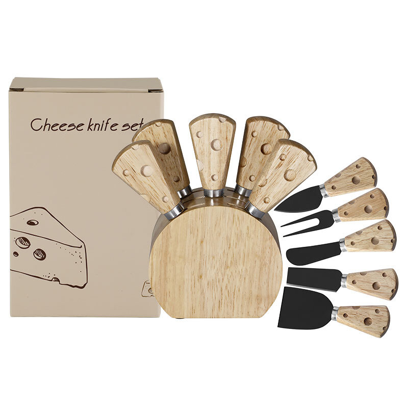Набор ножей для сыра с резиновой деревянной ручкой, нержавеющий нож и вилка для сыра, 6 предметов с деревянной подставкой