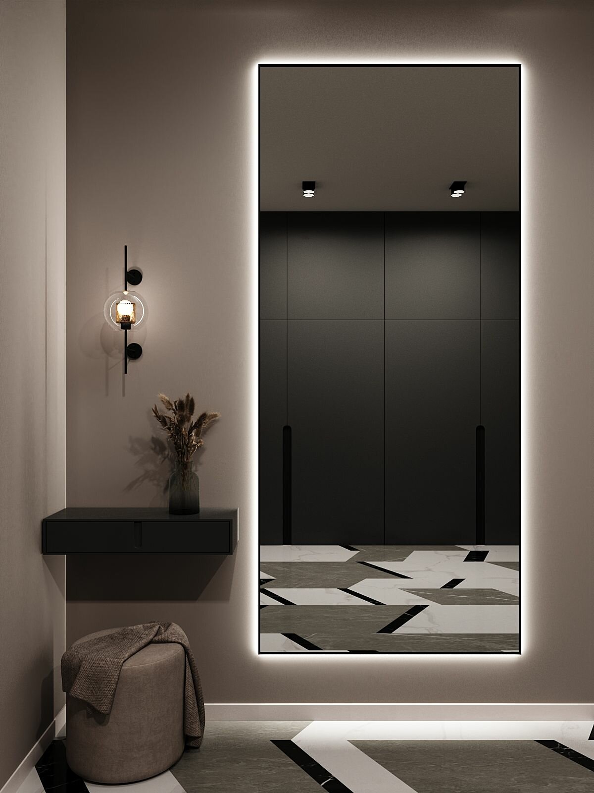 Зеркало настенное 220х100 см. черное с подсветкой. Свет: Холодный белый 6000К. В алюминиевой раме интерьерное BLX MIRROR