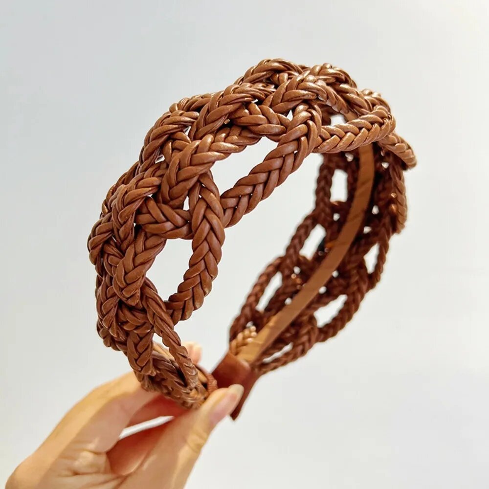 Коричневая повязка для волос из искусственной кожи, плетение