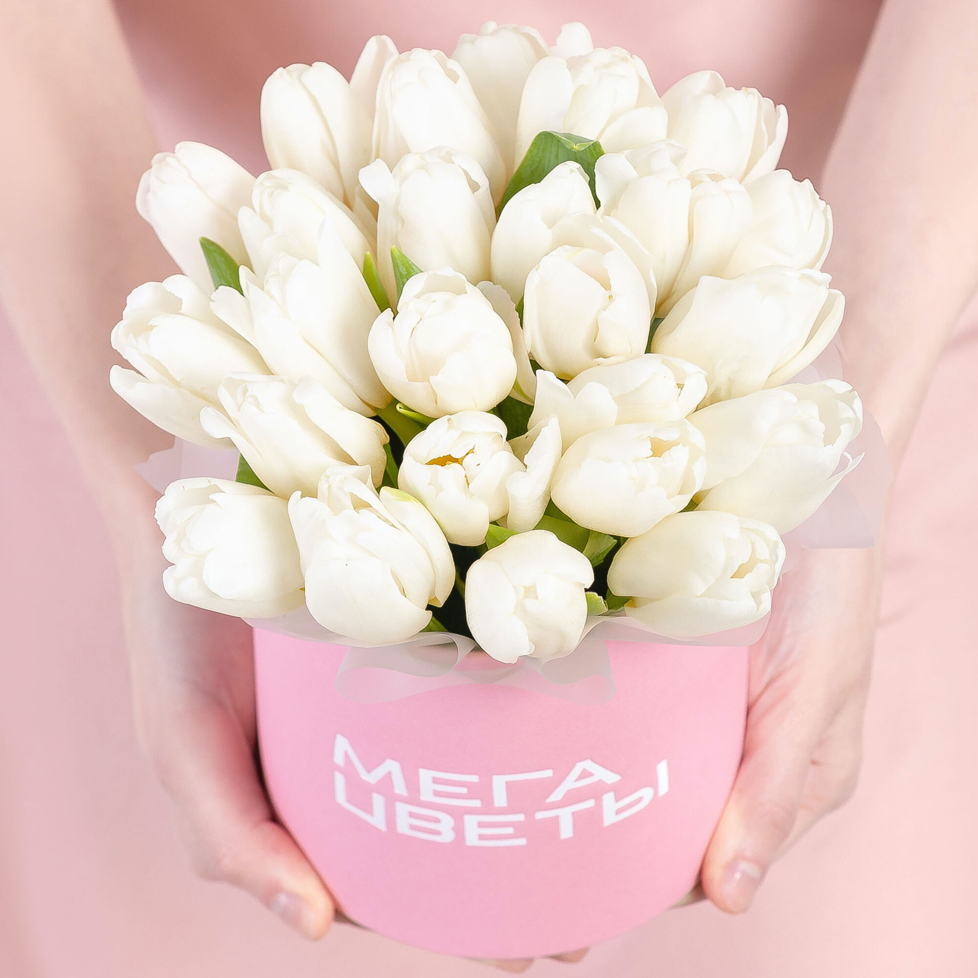 Букет Мегацвет24 "Антарктика", белые тюльпаны, 25 шт, в шляпной коробке
