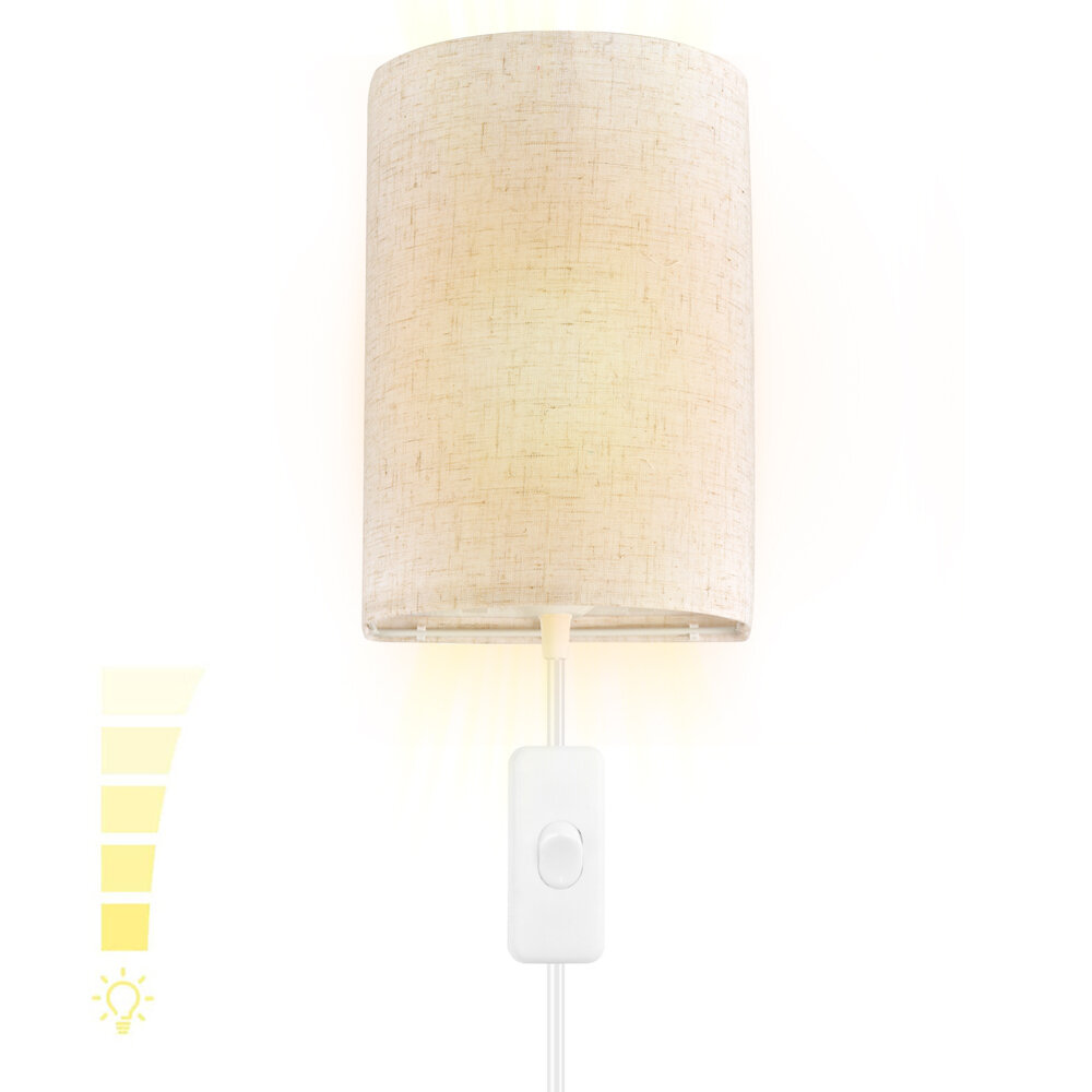 Накладной настенный бра с шнуром и вилкой, с переключателем диммера и лампой, 3 режима цветовой температуры, бежевый цвет, материал лён + железо, патрон E14, макс. мощность 60 Вт, 110В (вилка США), 220В (вилка Великобритании, Евросоюзный стандарт),