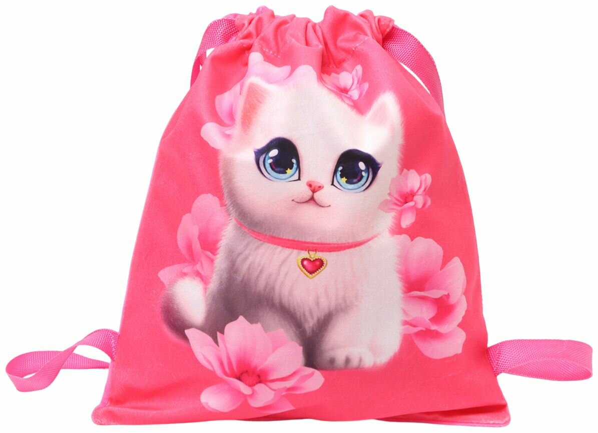 Мешок школьный для сменной обуви и спортивной формы "Белая кошечка", плюшевая сумка для сменки, рюкзак для второй обуви и вещей в школу, 35х30 см