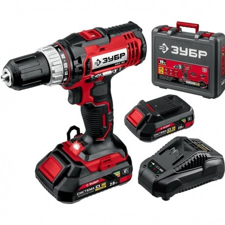 Дрель-шуруповерт ЗУБР С1-18, 18 В, 40 Н·м, 2 АКБ (2 А·ч), кейс (ДШЛ-185-22)