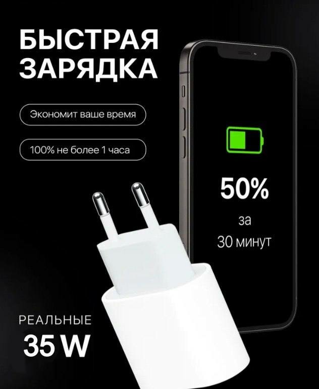 Быстрая зарядка 35 W для iPhone 15 и 16, iPad, AirPods/ Зарядное устройство Type-C/Белый