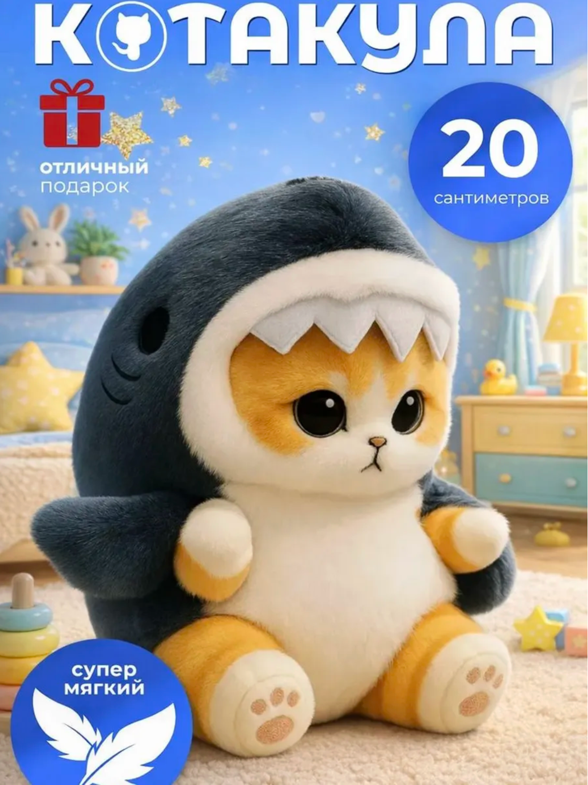 Игрушка "Кот-акула", мягкая, синтепон, 20 см, для детей и взрослых