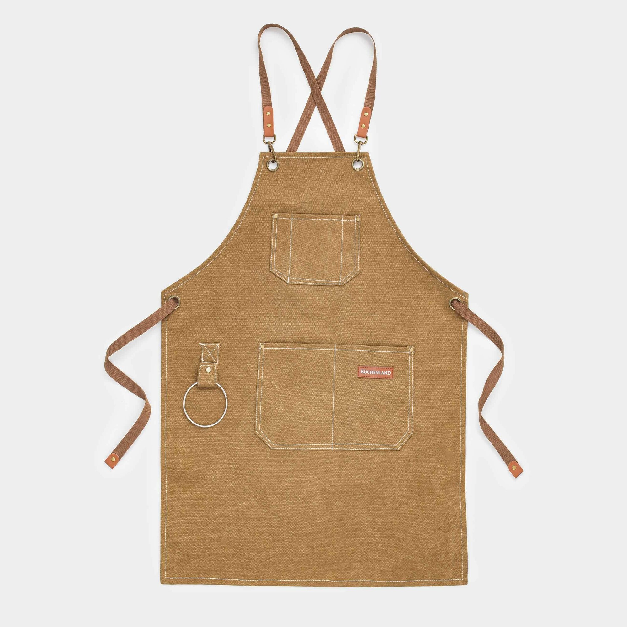 Фартук, 58х78 см, с карманами, с держателем, терилен/хлопок/искусственная кожа, коричневый, BBQ, Kuchenland