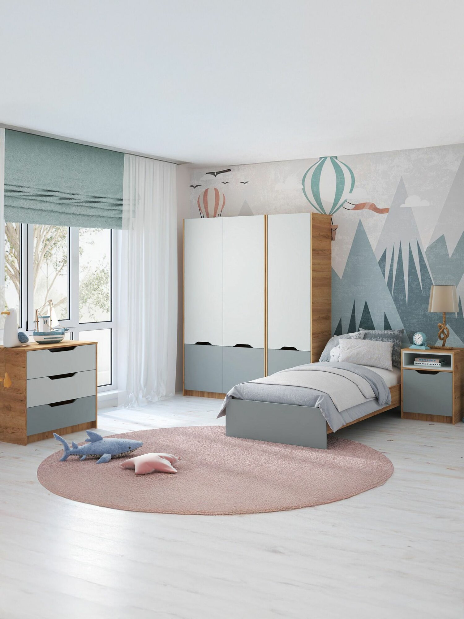 Комплект детской мебели Лео кровать, прикроватная тумба, шкаф, комод, Дуб Крафт золотой / Сумеречный голубой / Пастельный зеленый