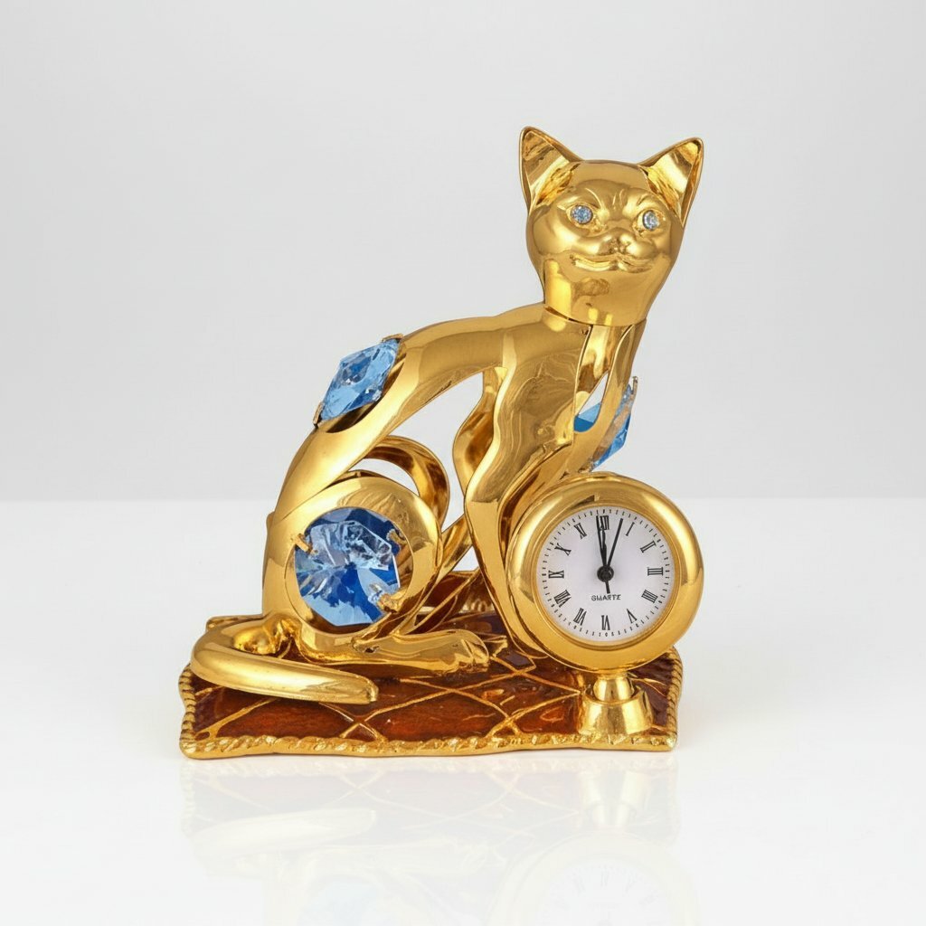 Фигурка с часами Кошка на подушке A12225 Crystal Temptations, Металл, кристалл