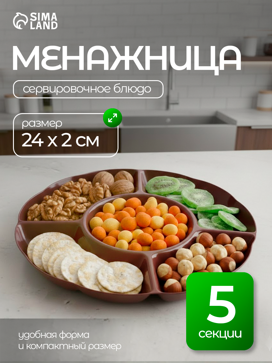 Менажница 5 секций Доляна «Радуга», пластик, круглая, 24×2 см, бордовая