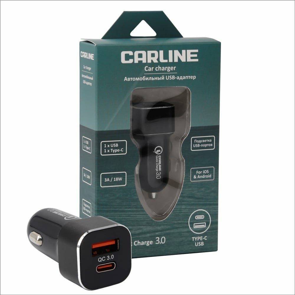 Автомобильный адаптер CARLINE 2хUSB (USB QC 3.0 + PD Type C), в прикуриватель 12/24 В, цвет черный, упаковка коробка CH-2U-TC