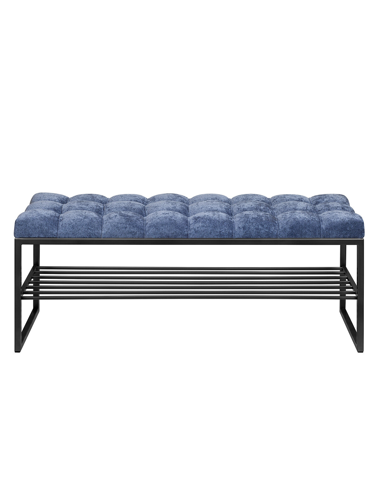 Банкетка в прихожую GREENWEEN RUBY, черный каркас, сидение шенилл цвет Steel Blue, каретная стяжка 1100х400х450