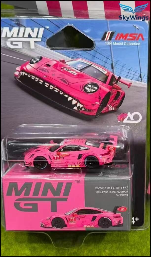Эксклюзивная коллекционная модель Porsche 911 GT3 R Pink Dinosaur в масштабе 1:64, MINI GT 1052, выполнена из литого сплава и упакована в блистер, представляя собой детский подарок