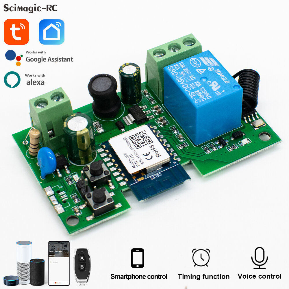 1-канальный интеллектуальный релейный переключатель Tuya WiFi. Самоблокирующийся модуль постоянного тока 85-250 В. Поддерживает Alexa, Google Home и дистанционное управление RF 433 МГц.