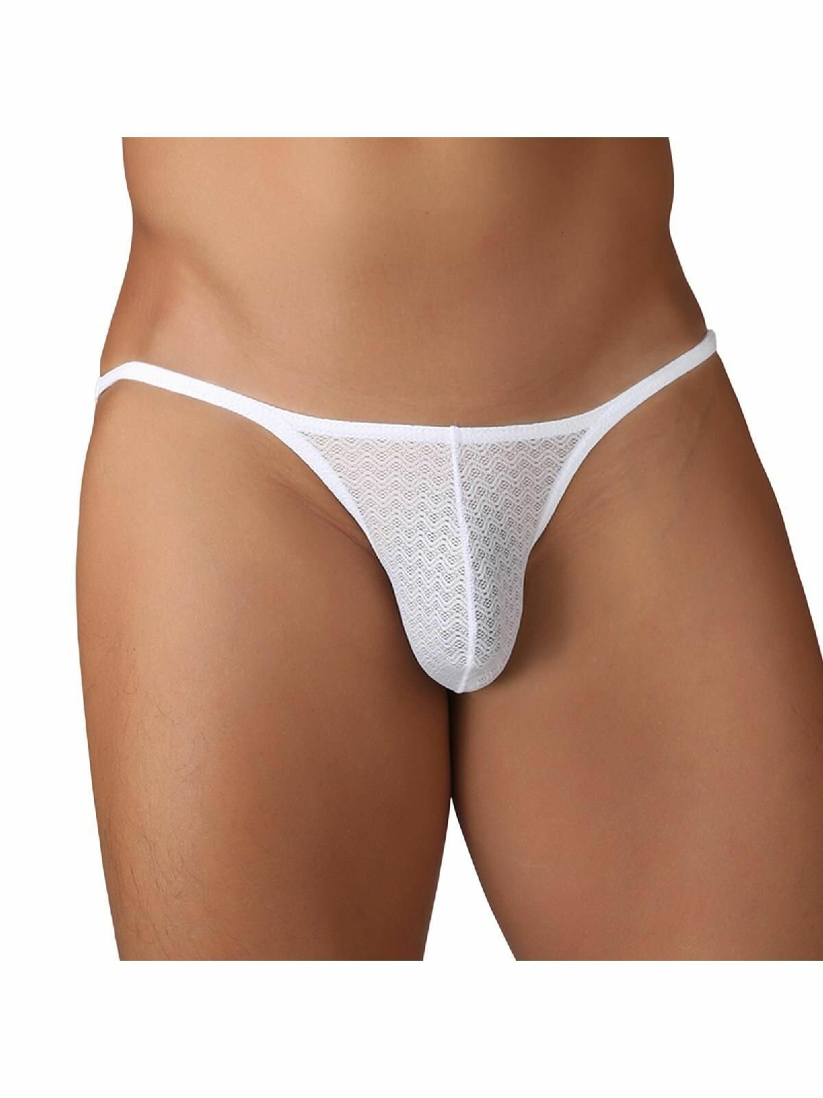Мужские трусики-стринги с ажурной кружевной вставкой, Белый - XL