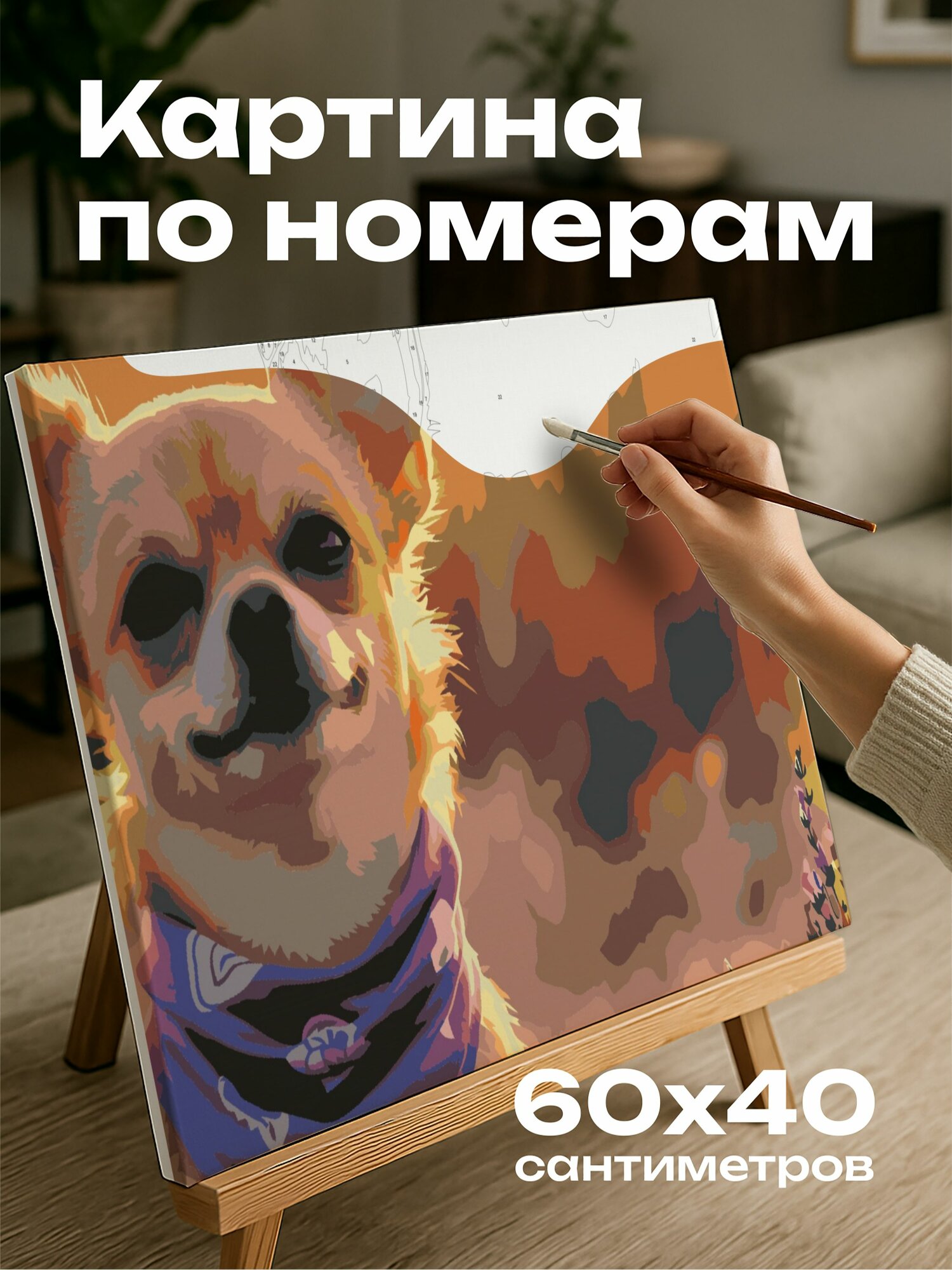 Картина по номерам 60x40 см, фотография, чихуахуа, фиолетовая бандана, радость, игривость, луга, лавандовые поля